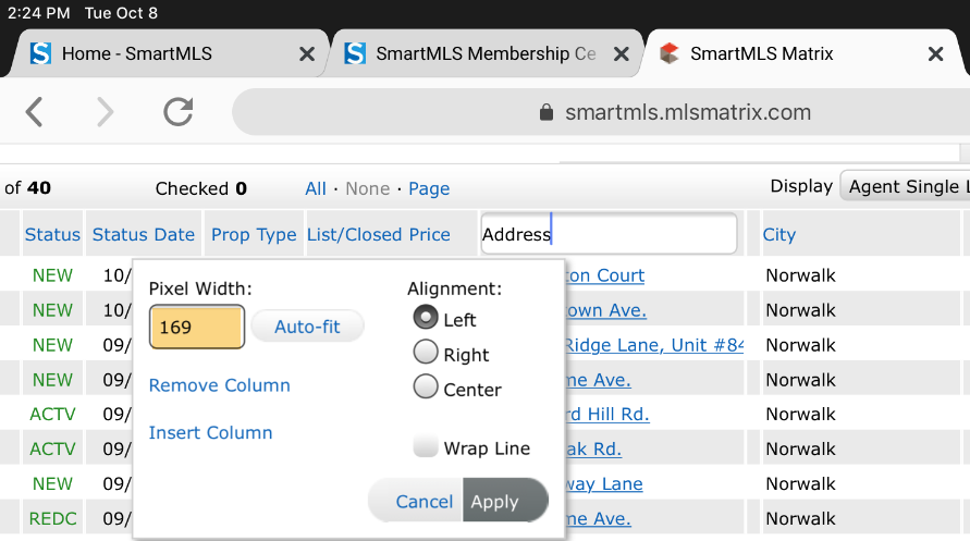 Customize Single Line Display Column Width iPad Matrix
